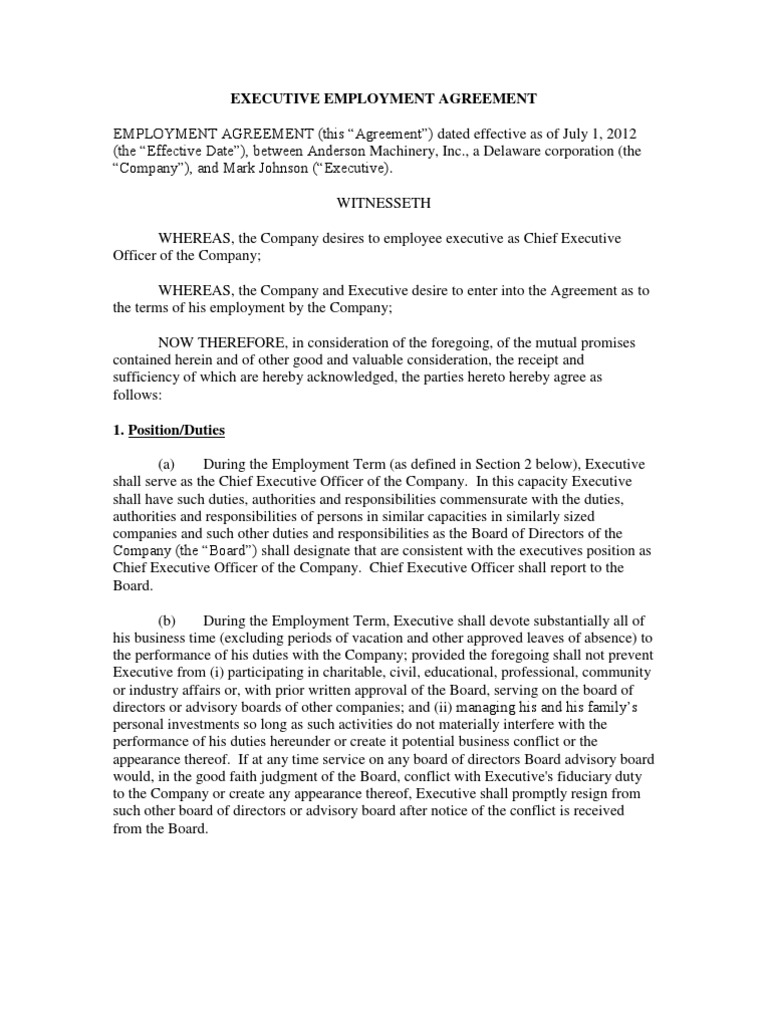 Executive Employment Agreement | Stocks | Patent