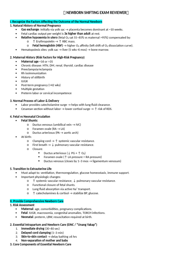 Newborn Shifting Exam Reviewer (Yuumi) | PDF | Childbirth | Clinical Medicine