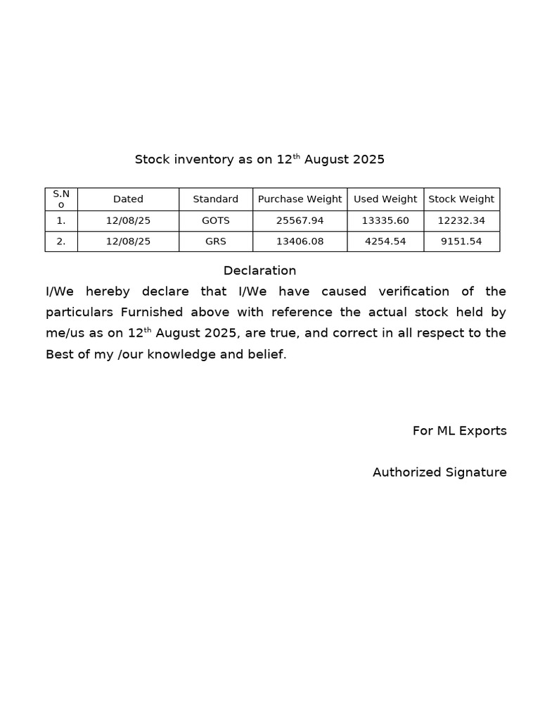 Stock Declartion Record - 2025 | PDF