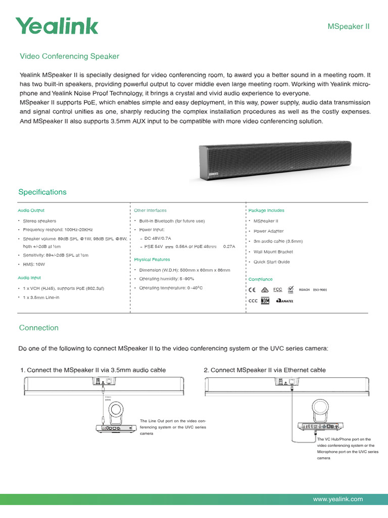 Yealink MSpeaker II Datasheet | PDF | Loudspeaker | Videotelephony