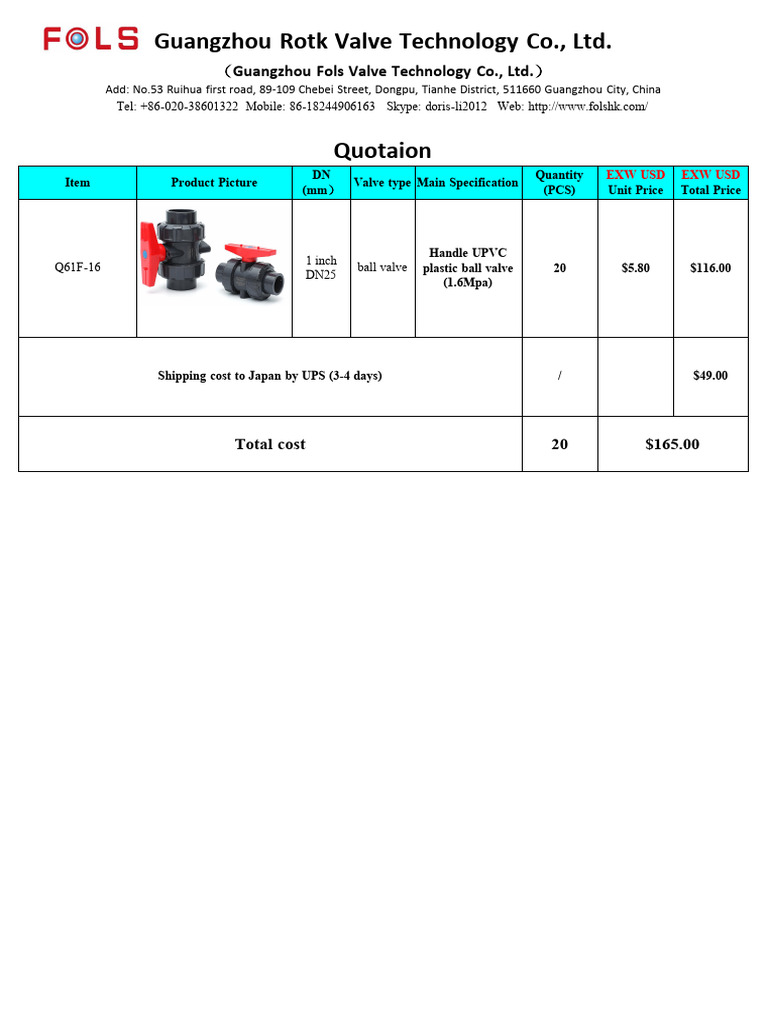 FOLS Quotation Handle Plastic Ball Valve DN25 (2025!09!24 20-17-14) | PDF