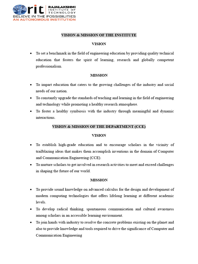 College and Dept Vision Mission | PDF | Engineering | Learning