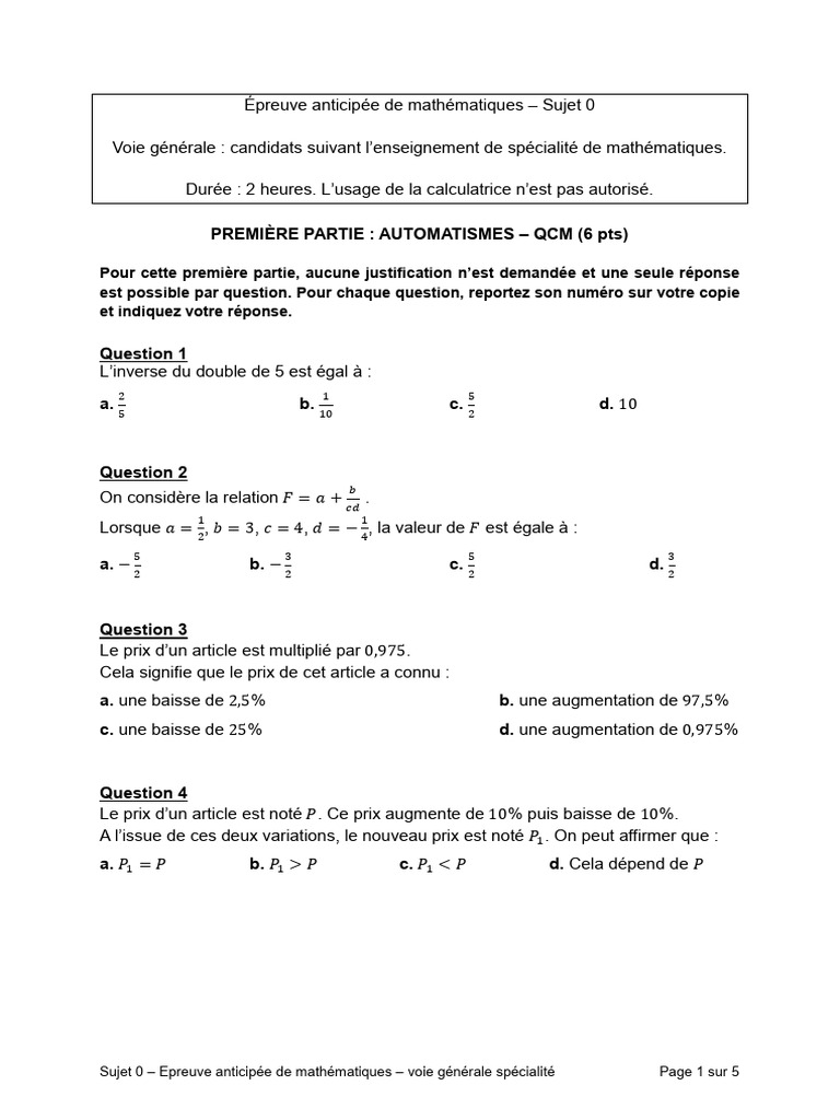 Sujet 0 de Voie Générale - Enseignement de Spécialité Mathématiques ...