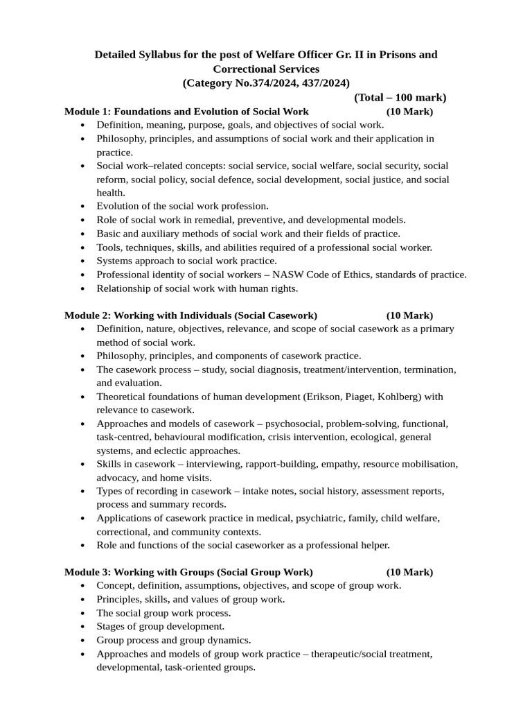 Welfare Officer - Grade II - Syllabus 2025 | PDF | Psychotherapy | Social Work