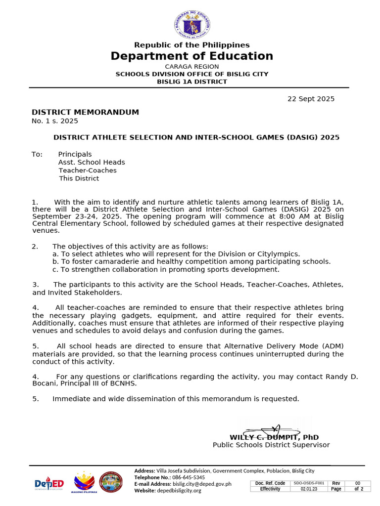 District Memo No. 1, s. 2025 | PDF