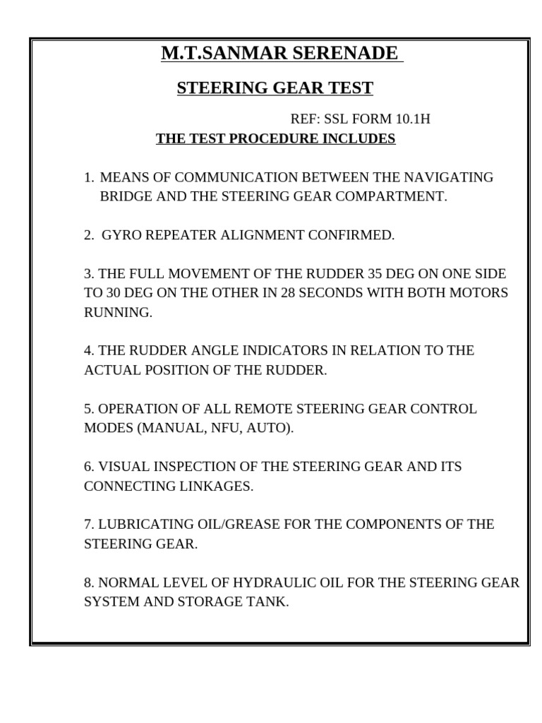 M.T. Sanmar Serenade Steering Gear Test | PDF
