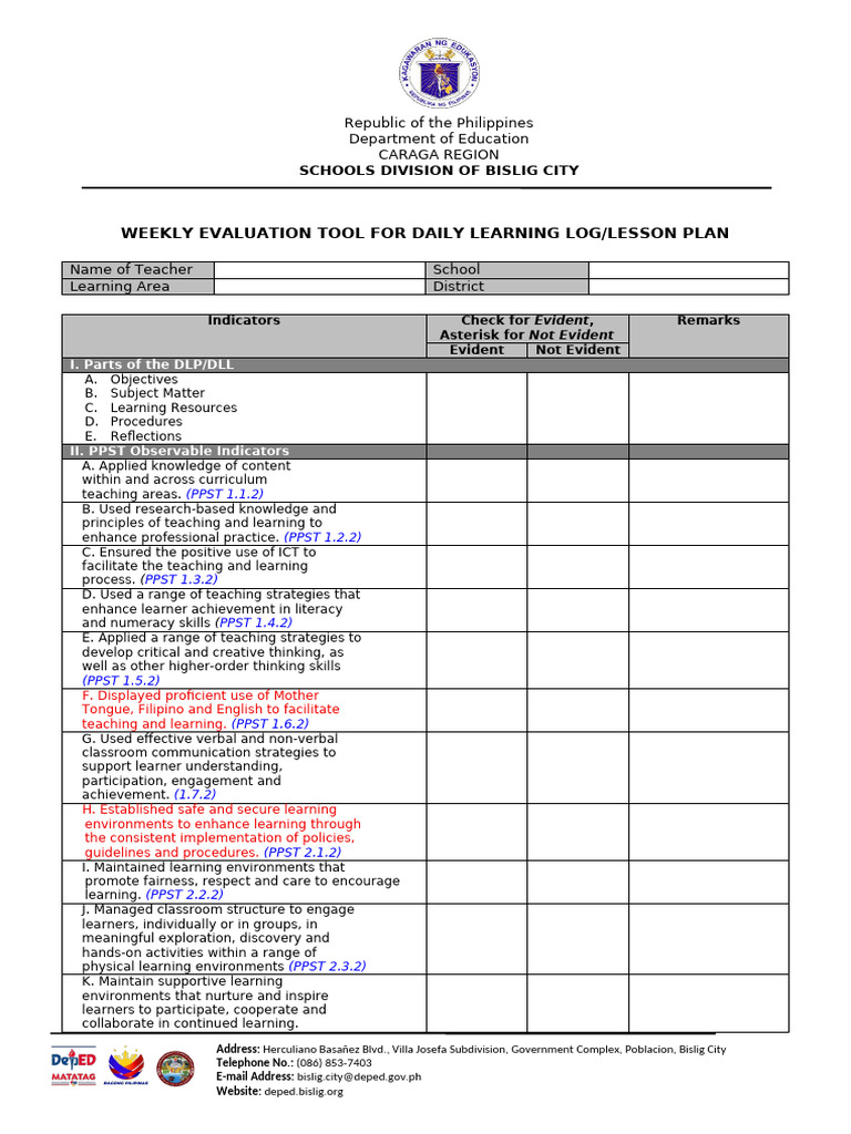 Weekly Evaluation Tool for Lesson Plans | PDF | Learning | Educational ...