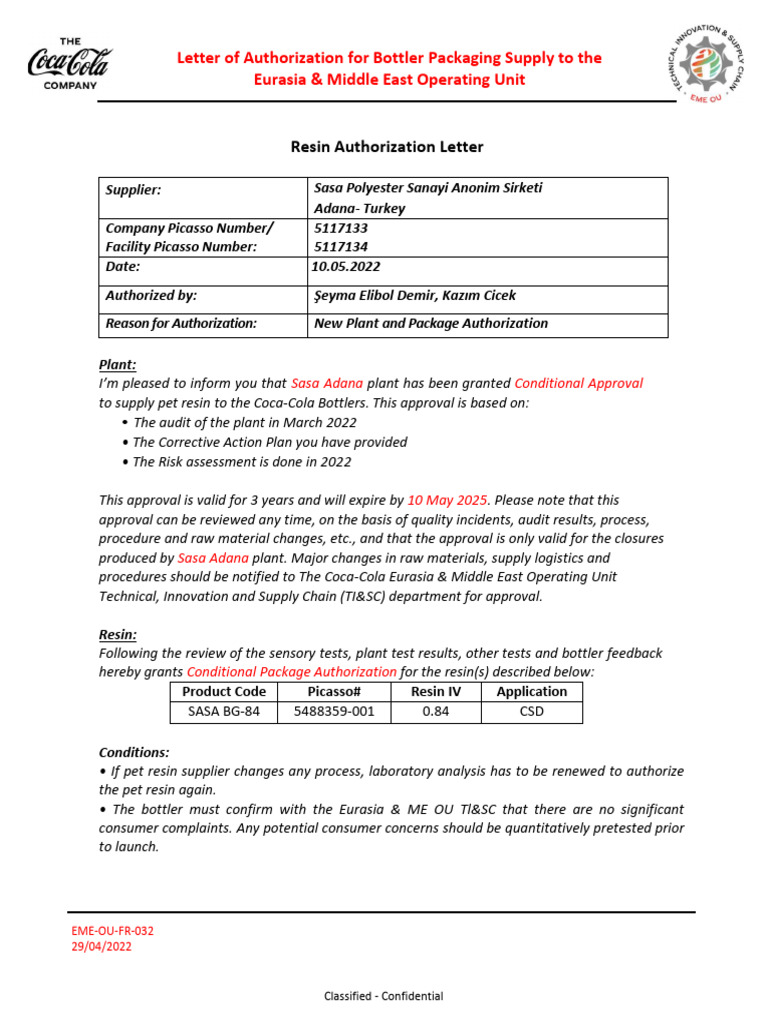 Conditional Resin Authorization Letter | PDF | Coca Cola | The Coca ...
