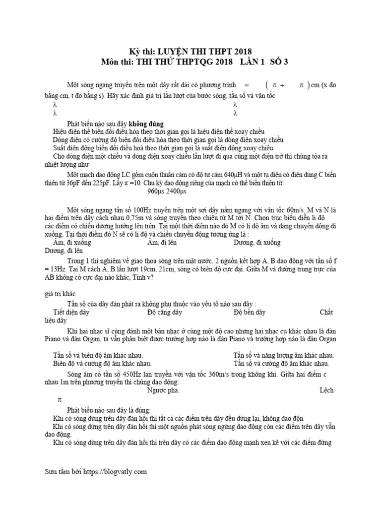 2 de Thi Thu Mon Vat Ly Luyen Thi THPT Quoc Gia 2018 Lan 1 - Tip Theo | PDF
