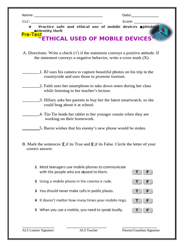 LS6 Worksheets AE - JHS (Ethical Use of Mobile Devices) | PDF | Cybercrime | Phishing