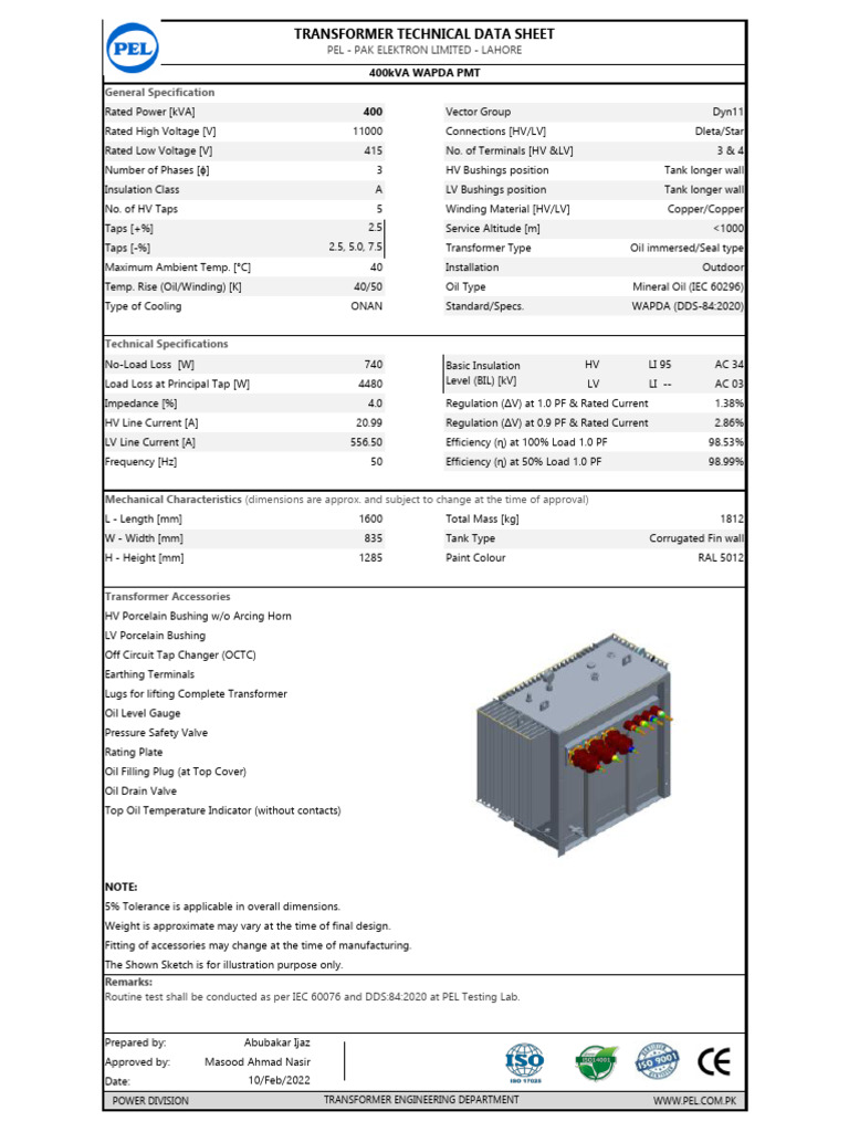 400kVA PMT Data Sheet | PDF | Transformer | Electric Power