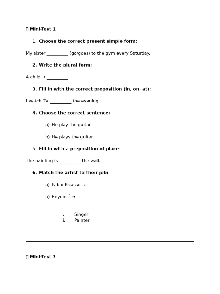 English Mini-Tests for Beginners | PDF
