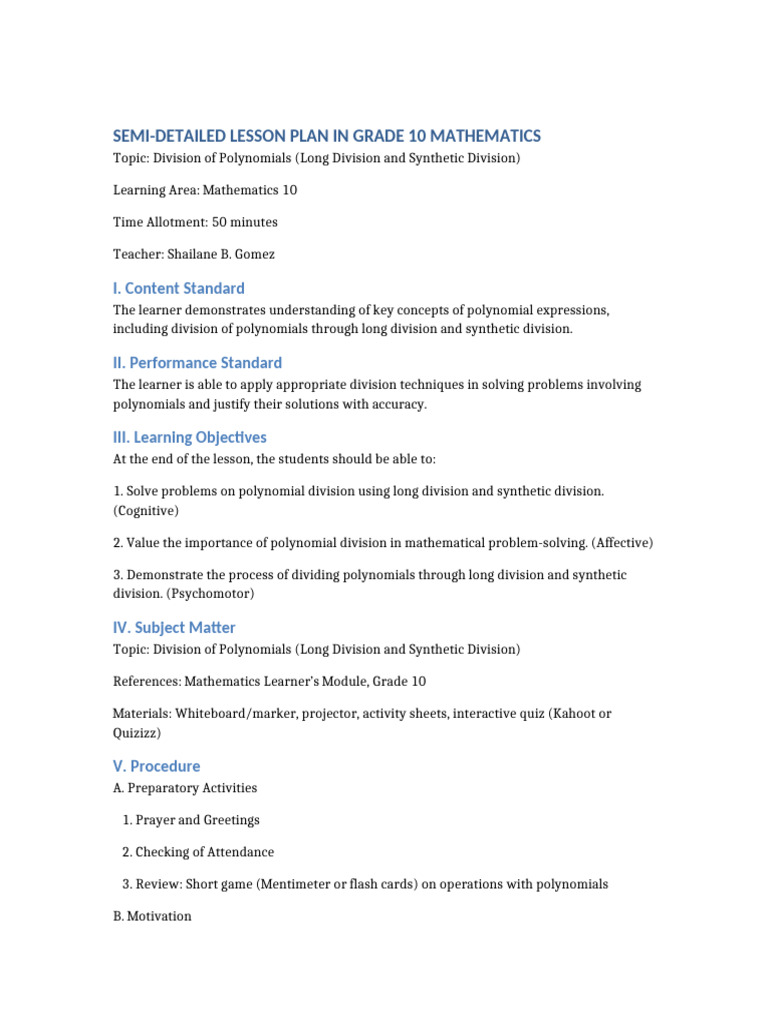 Semi-Detailed Lesson Plan Polynomial Division | PDF