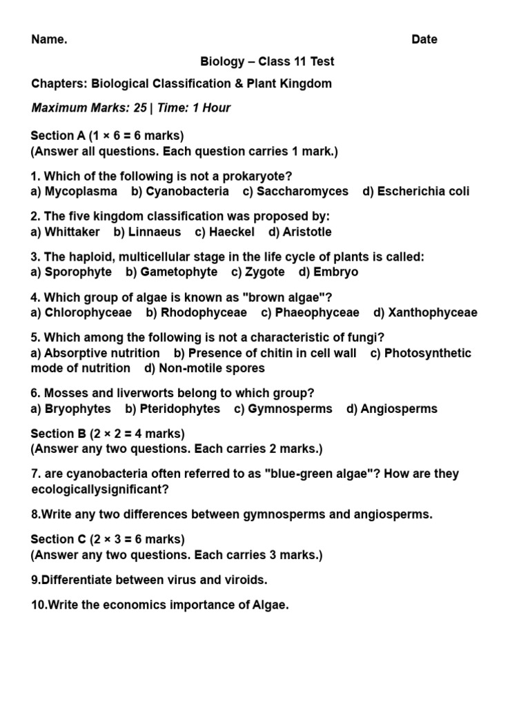 Class 11 Biology Test: Plant Kingdom | PDF