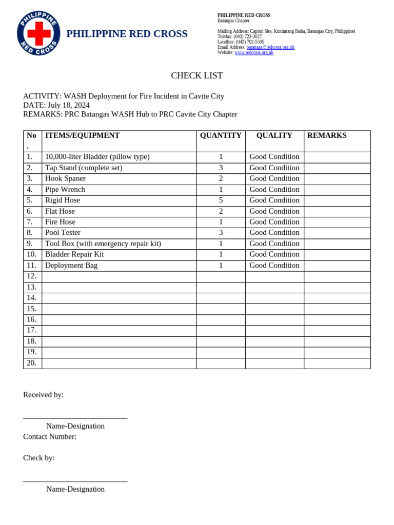 WASH Equipment Check List | PDF