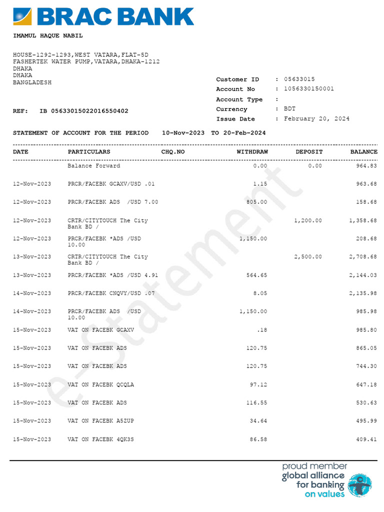 BRAC Bank Statement 20022024 2 | PDF | Banking