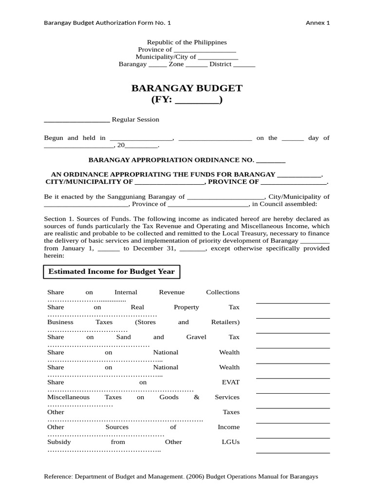Barangay Budget Authorization Form | PDF | Budget | Taxes