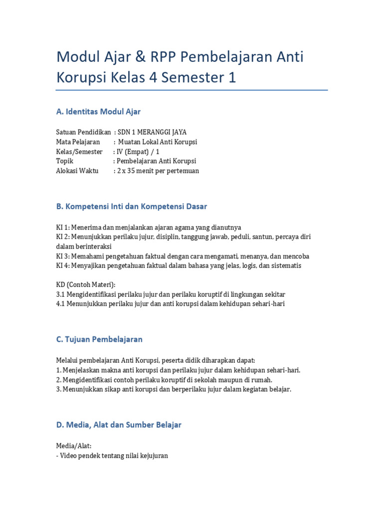 Modul Ajar RPP LKPD AntiKorupsi Kelas4 Semester1 | PDF