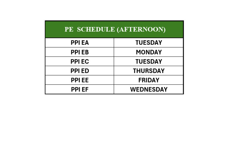 Pe Time Table - 2025-2026 - Ppi Afternoon | PDF