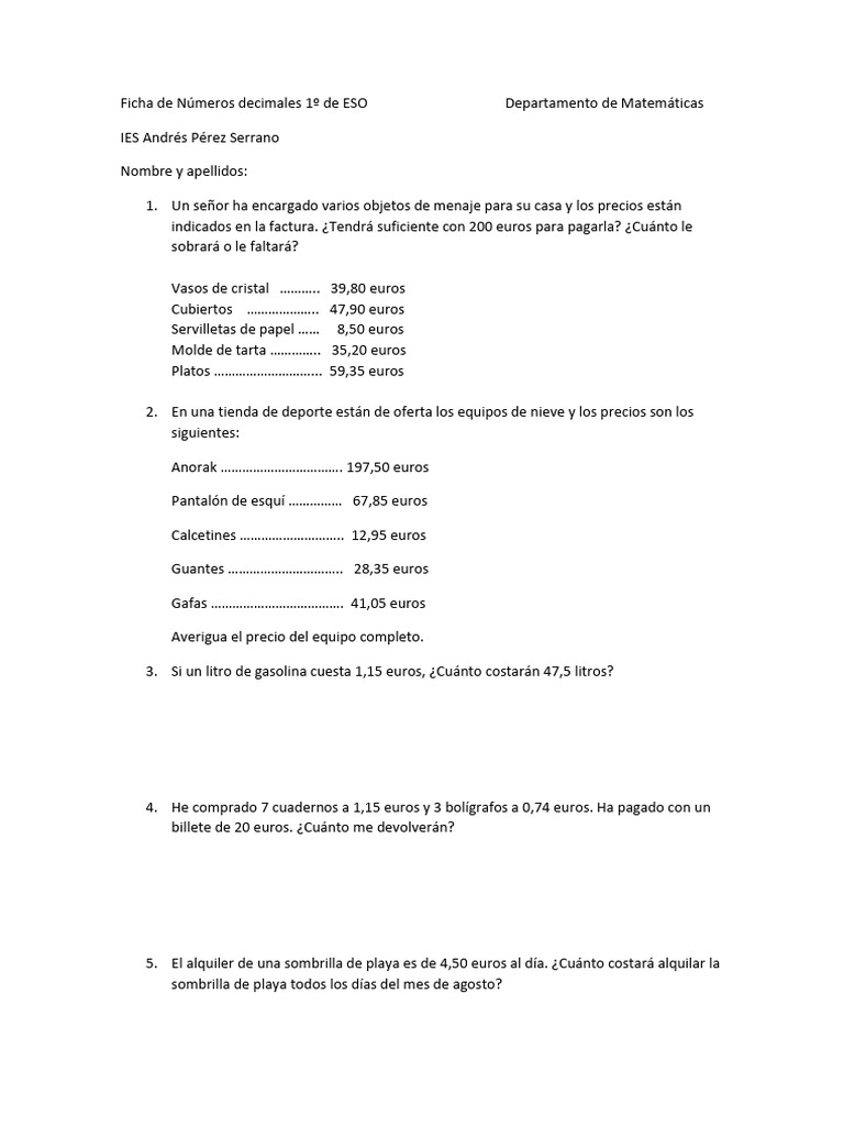 Ficha Del Tema 5 - N-Meros Decimales | PDF