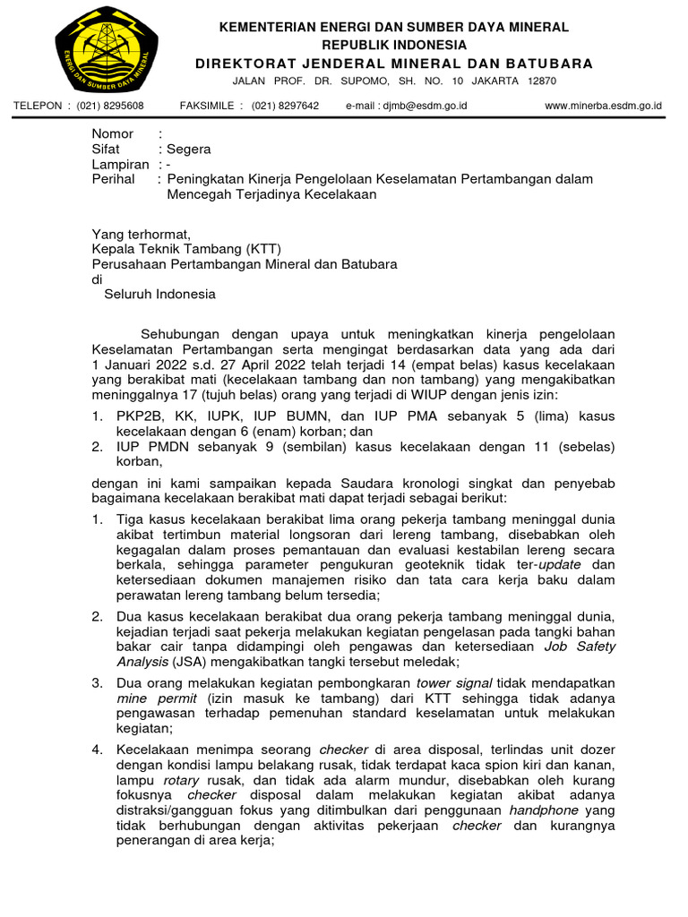 B-2218/MB.07/DBT - KP/2022 28 April 2022: Direktorat Jenderal Mineral Dan Batubara | PDF