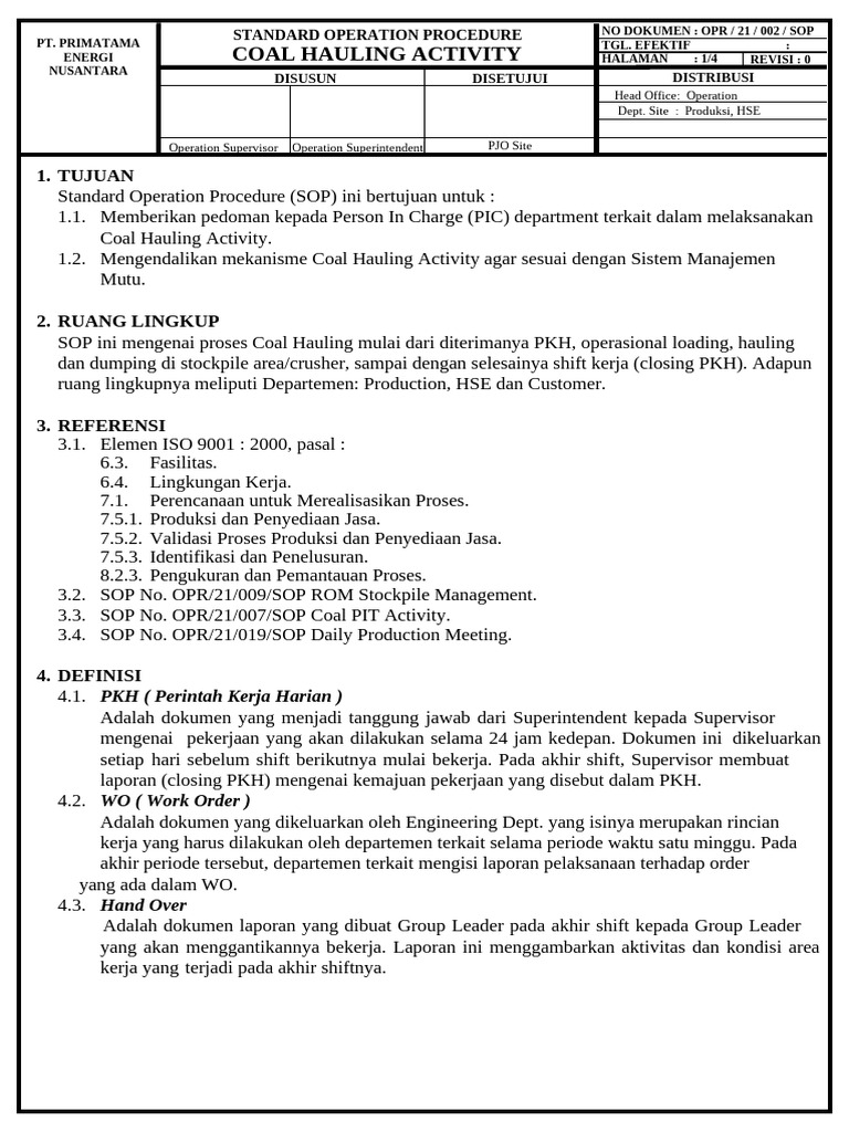 SOP Proses Coal Hauling Activity | PDF