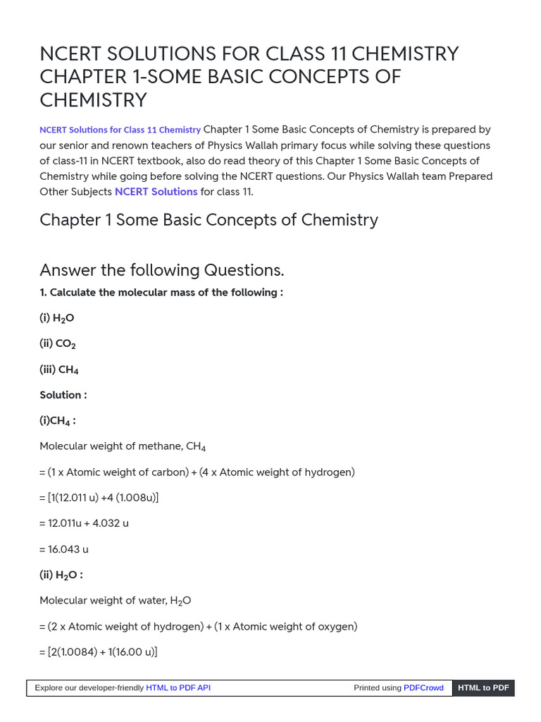 NCERT Class 11 Chemistry Solutions | PDF | Mole (Unit) | Stoichiometry