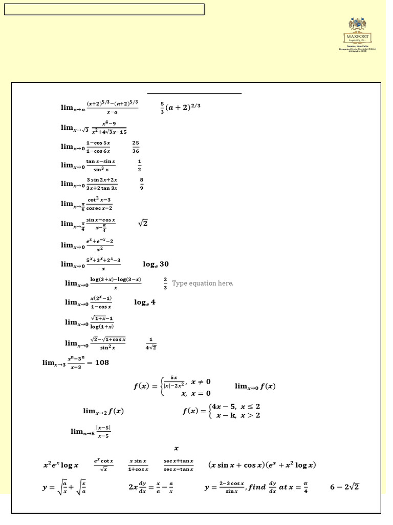 Class 11 Limits & Derivatives Worksheet | PDF | Calculus | Mathematical ...
