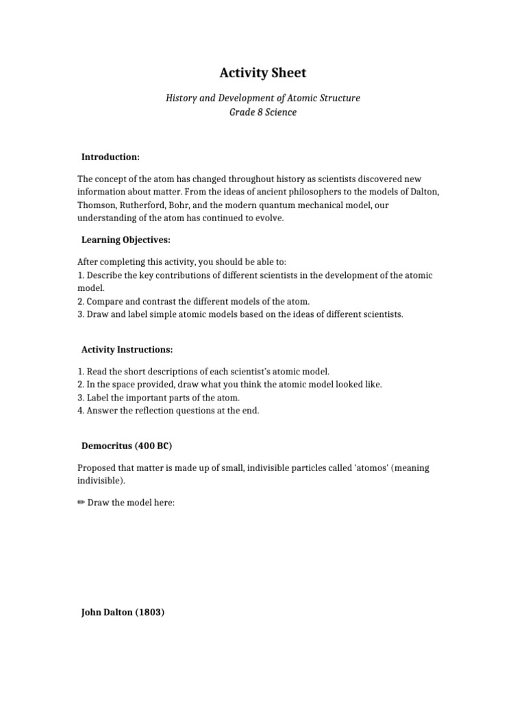 Atomic Structure Activity Sheet | PDF