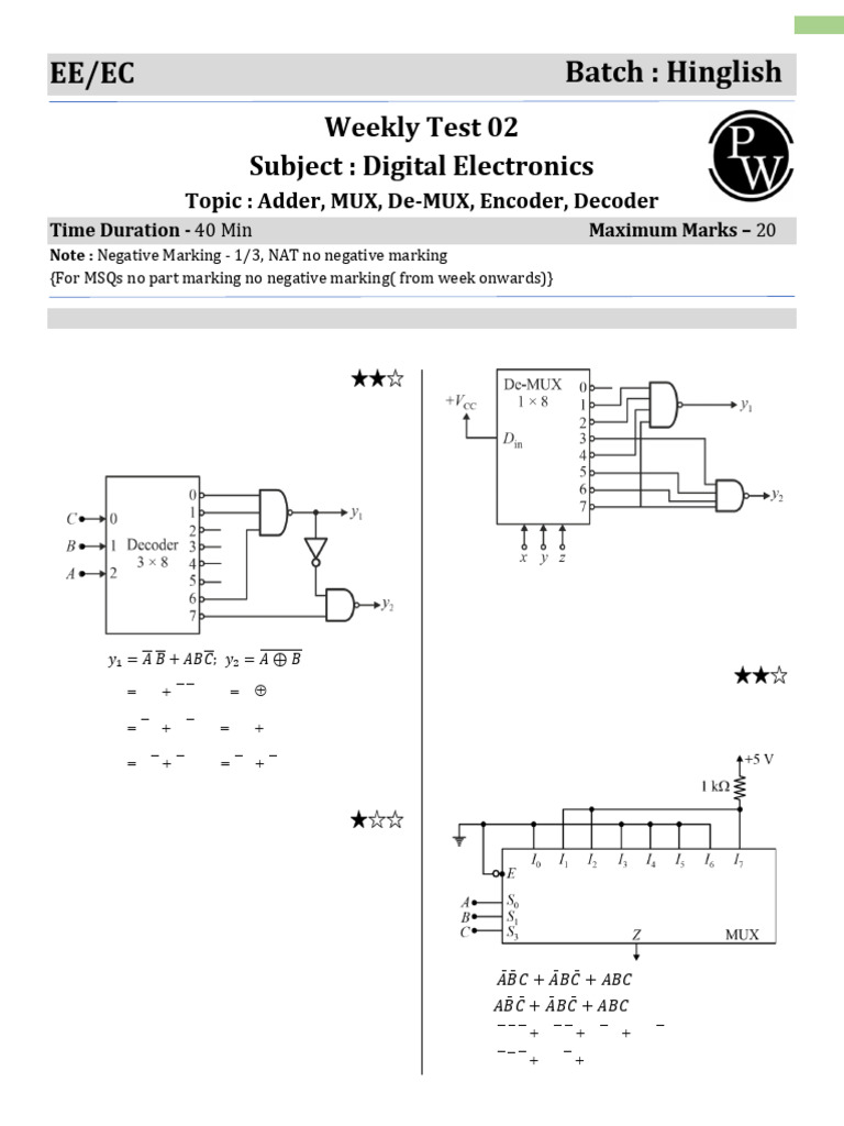 Digital Electronics Weekly Test 02 | PDF | Electrical Circuits ...