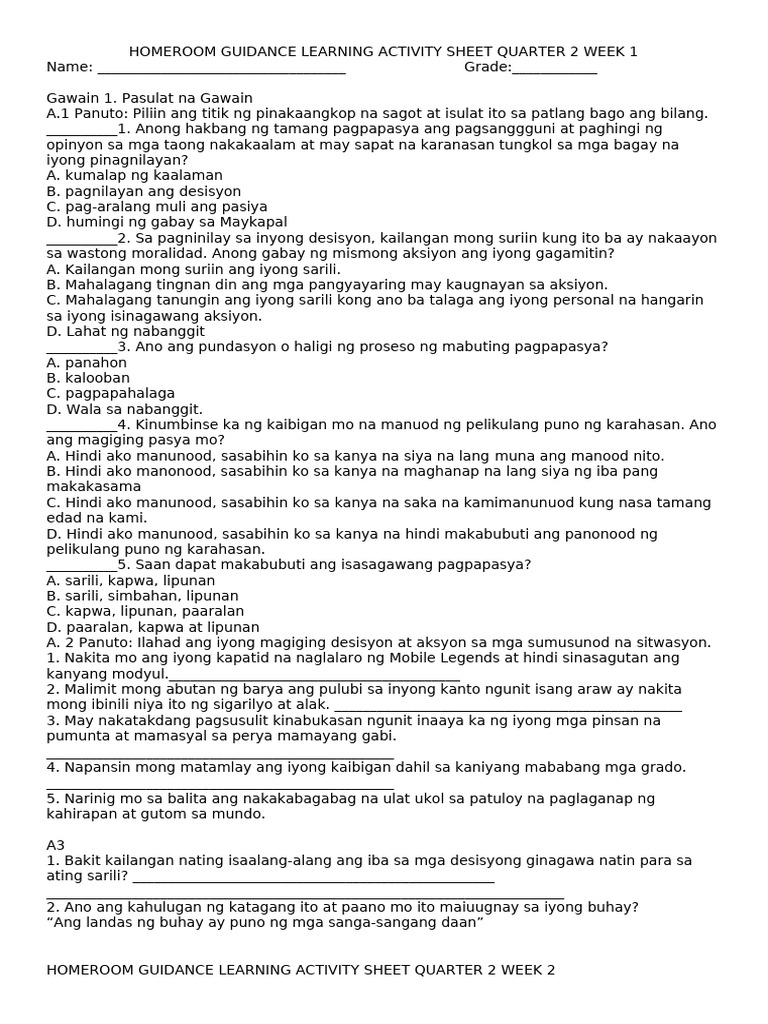 Homeroom Guidance Learning Activity Sheet Quarter 2 Week 1 | PDF