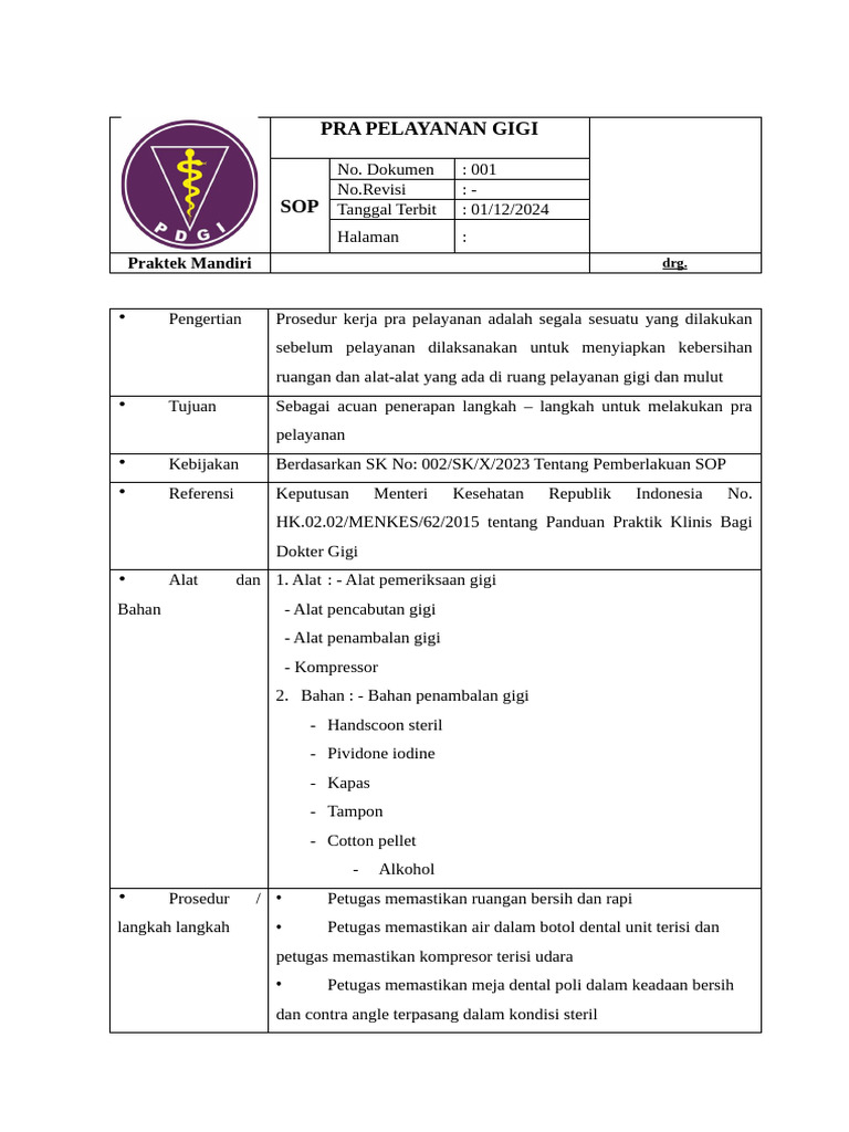 SOP Pra Pelayanan Gigi yang Efektif | PDF