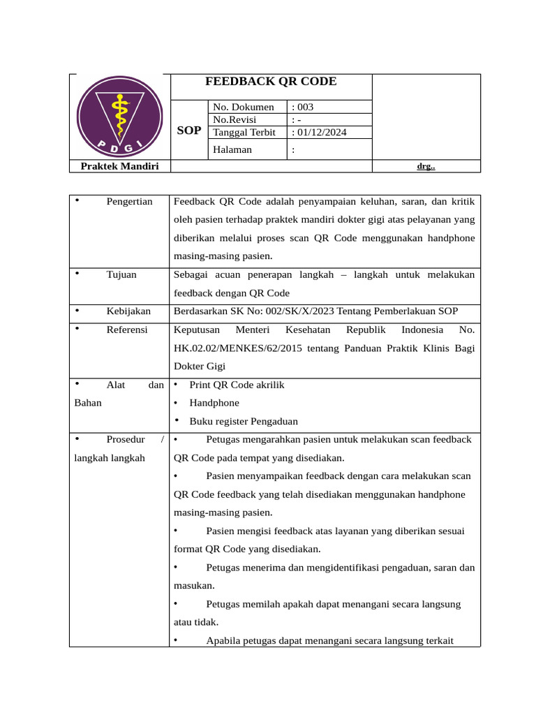SOP Feedback QR Code untuk Pasien | PDF