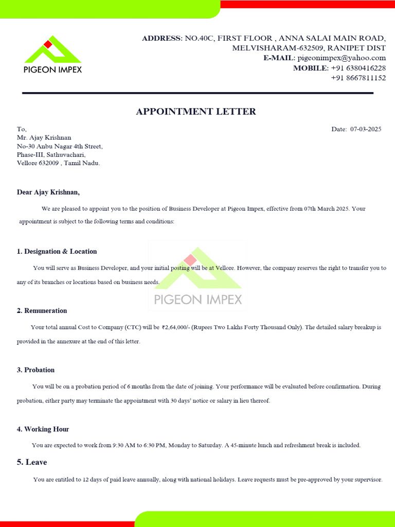 Pigeon Impex Company Offer Letter - AJAY KRISHNAN K | PDF | Business ...