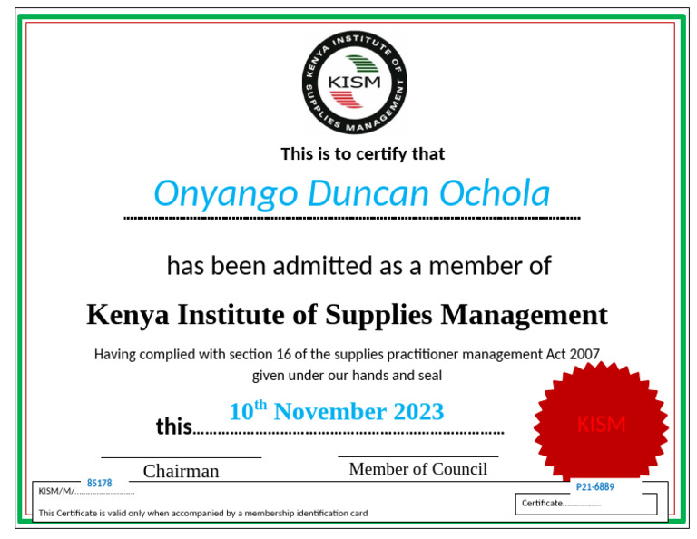 KISM Membership Certificate for Onyango Ochola | PDF