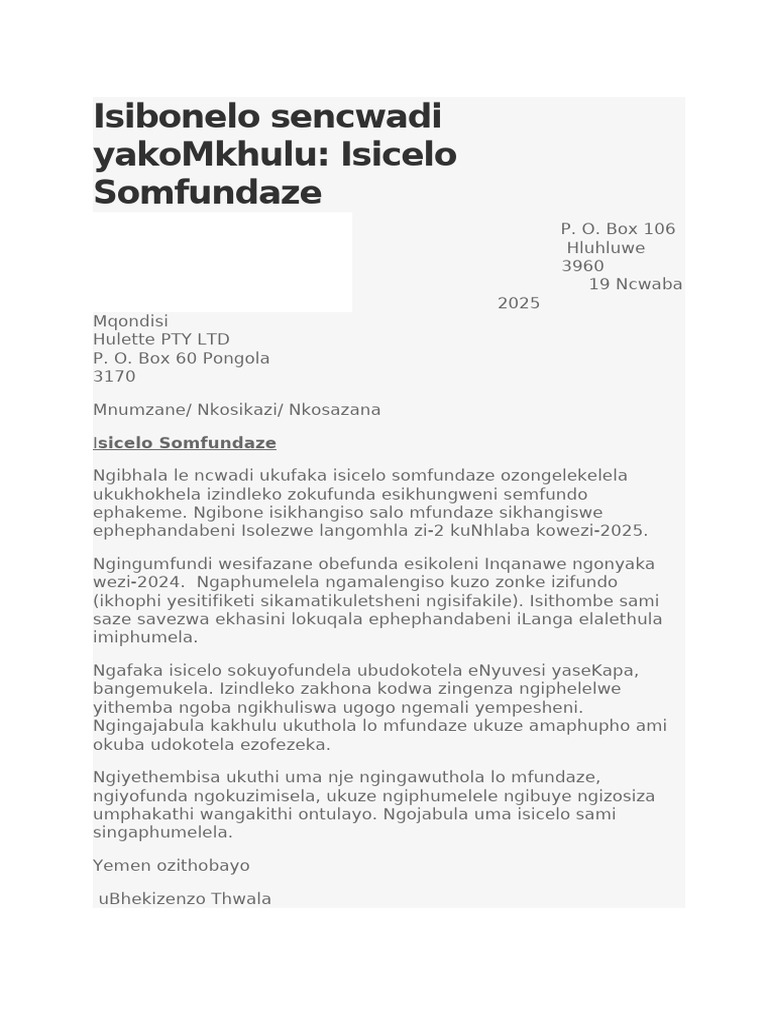 Isicelo Somfundaze SikaBhekizenzo Thwala | PDF
