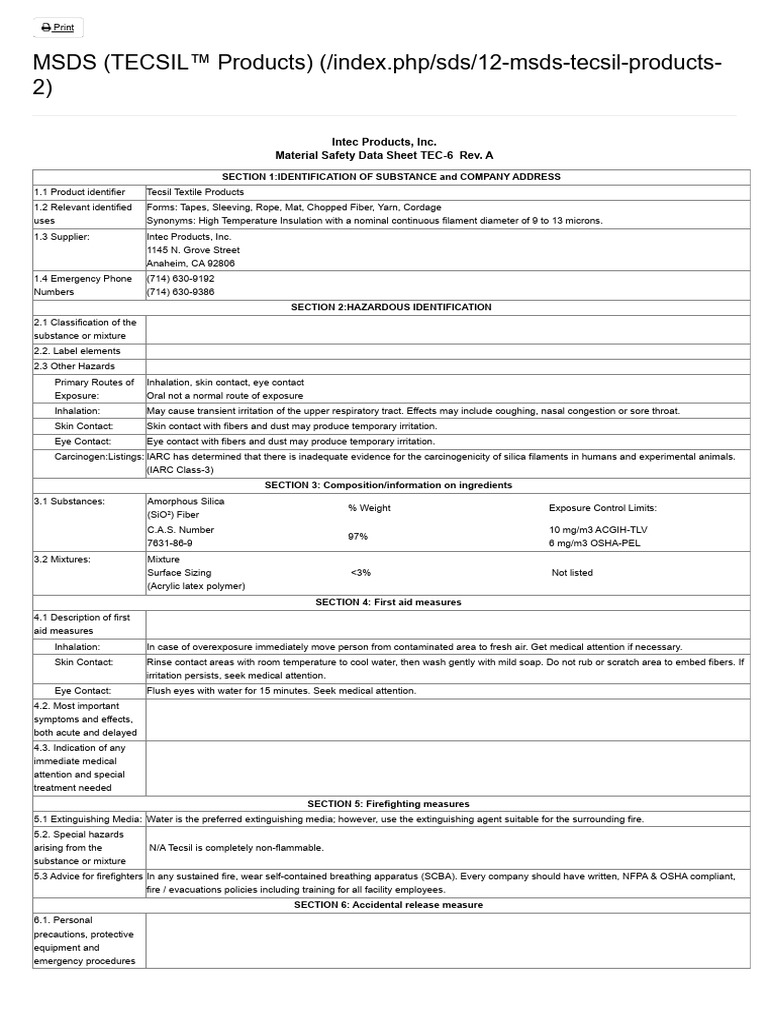 MSDS (TECSIL™ Products) | PDF | Silicon Dioxide | Materials