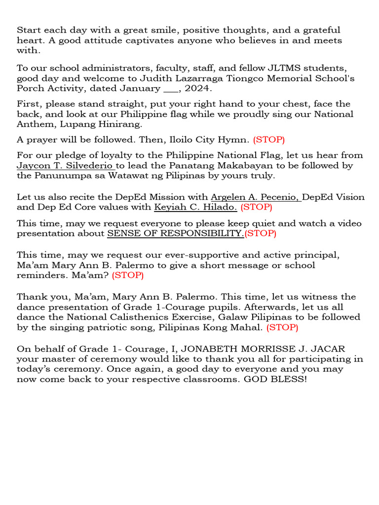 Flag Ceremony Script for JLTMS | PDF