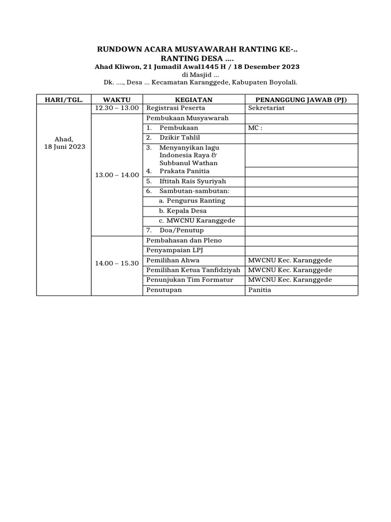 Rundown Acara Musyawarah Ranting Ke | PDF