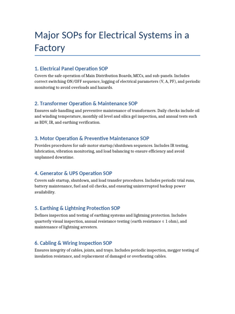 Major Electrical SOPs Factory | PDF