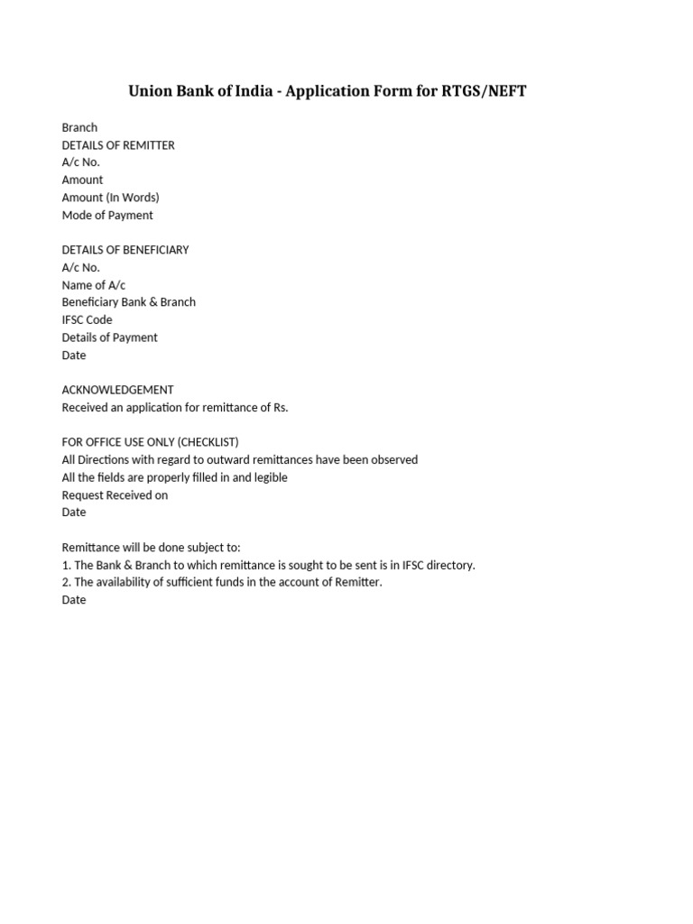 Union Bank RTGS/NEFT Application Form | PDF