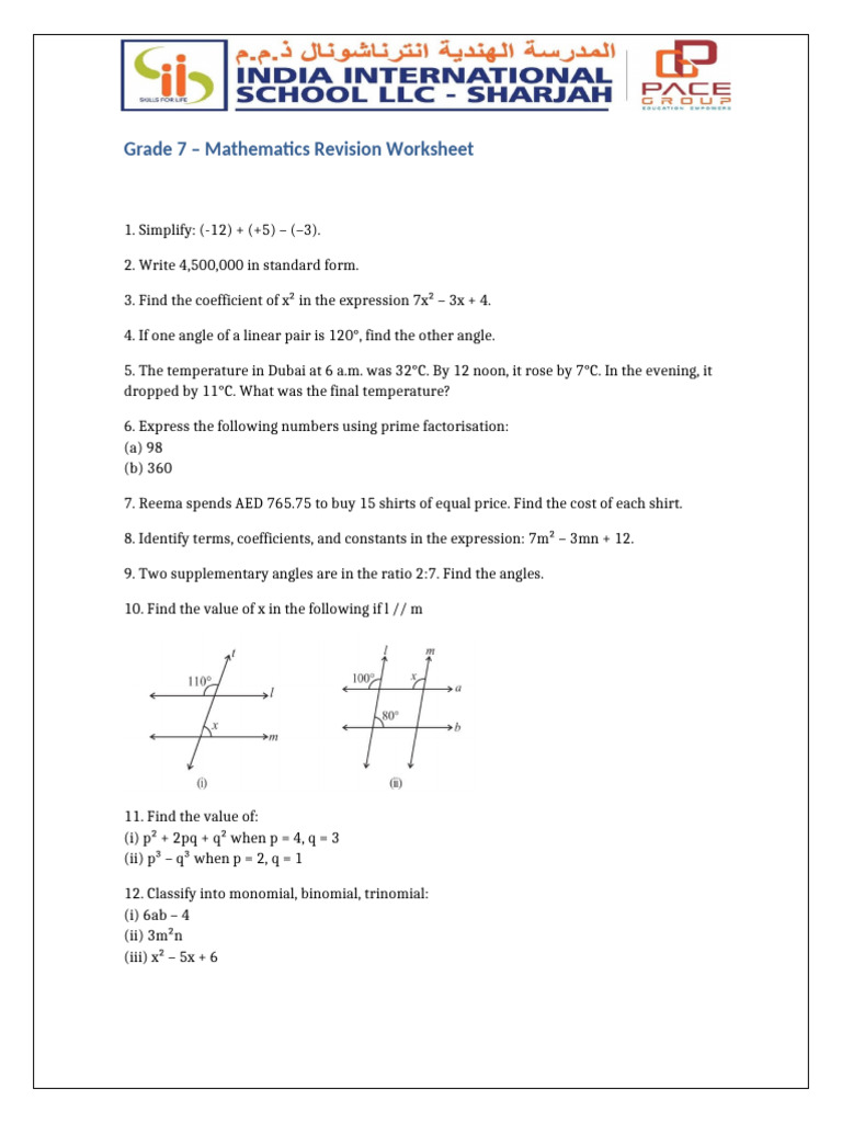 Grade 7 Math Revision Worksheet | PDF | Angle | Rectangle