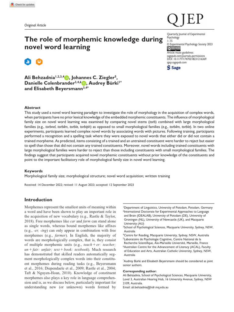 Behzadnia Et Al 2023 The Role of Morphemic Knowledge During Novel Word ...