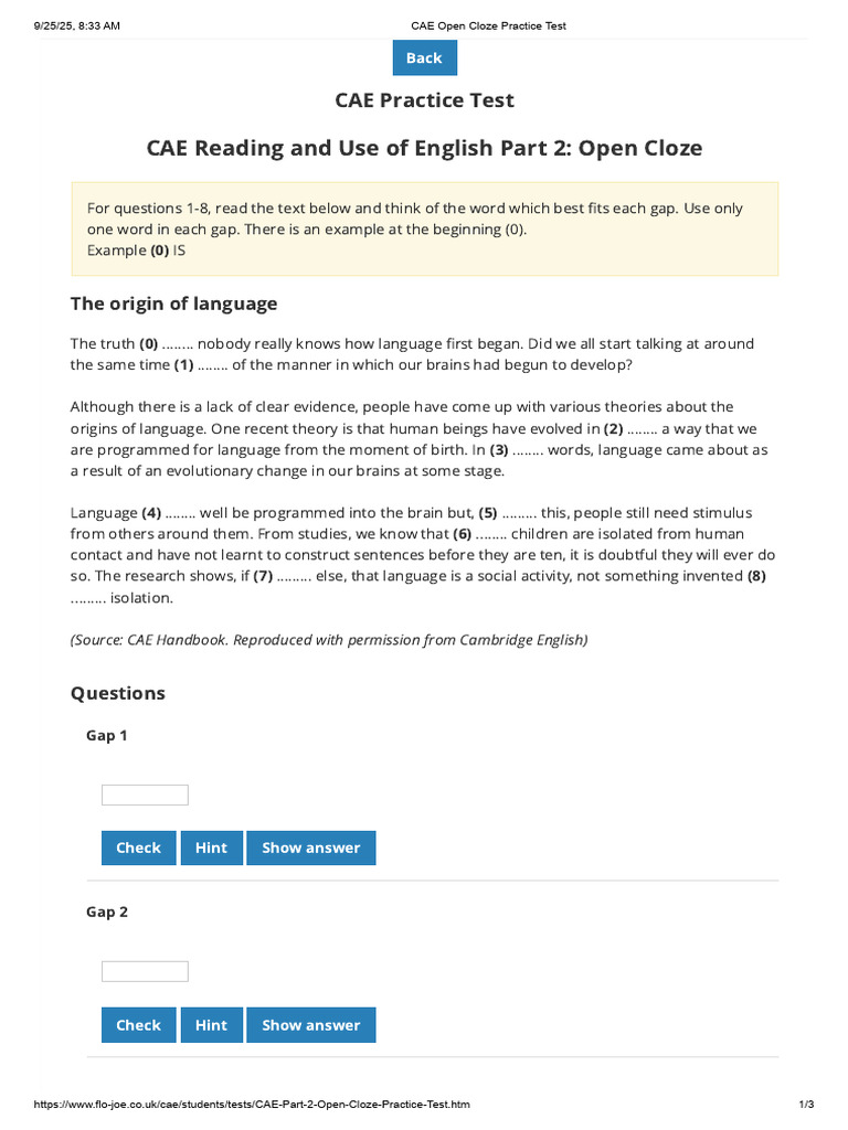 CAE Open Cloze Practice Test - Flojoe | PDF | Word | Part Of Speech