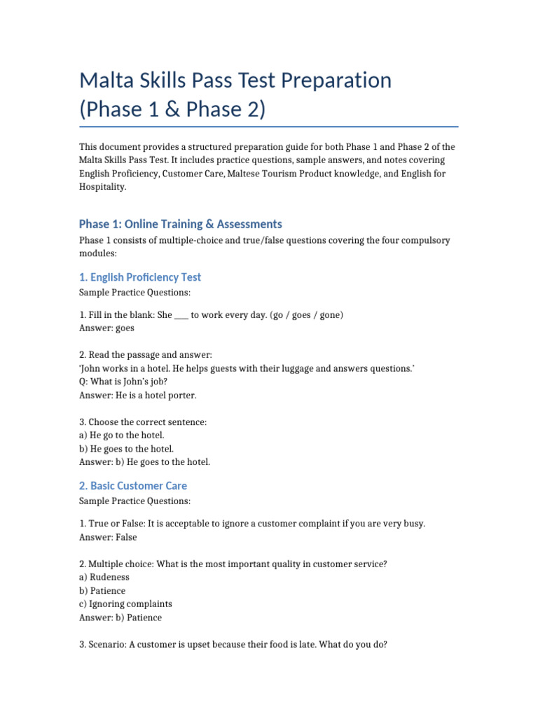 Malta Skill Pass Phase1 Phase2 Preparation | PDF | Multiple Choice | Malta