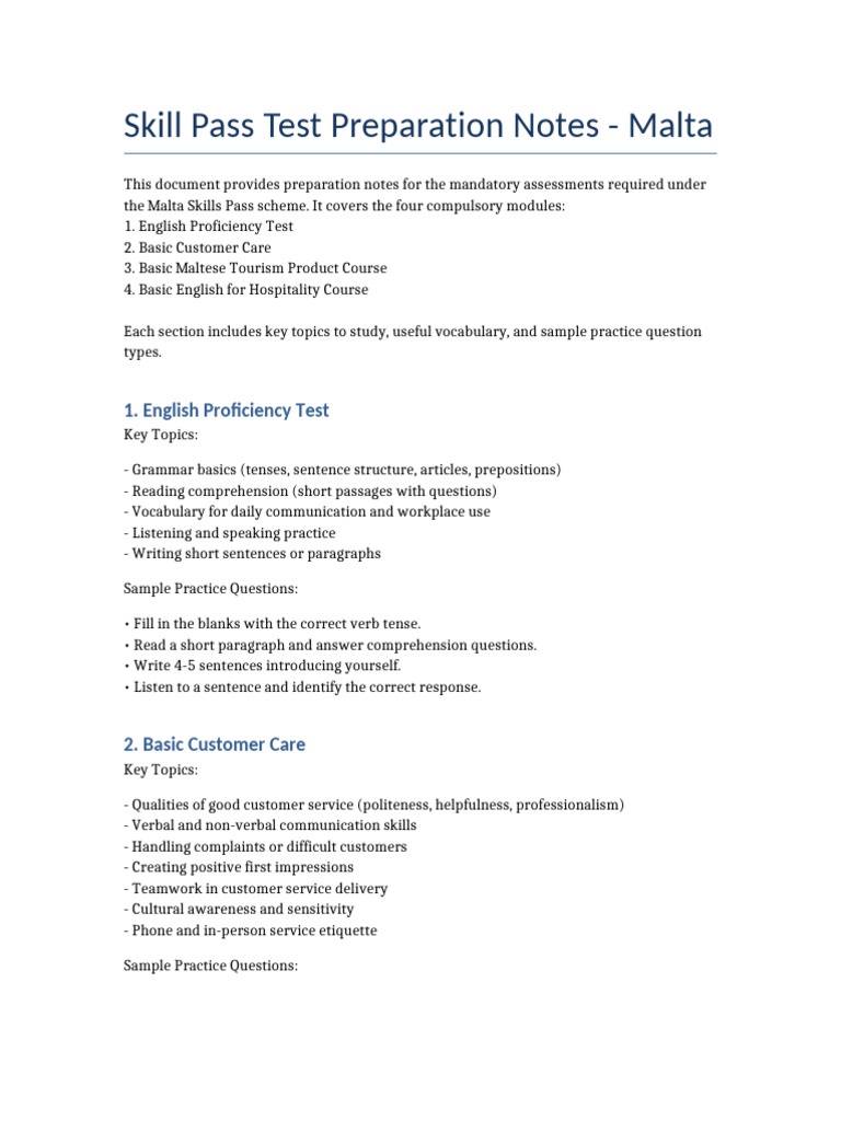 Malta Skill Pass Test Notes | PDF | Malta | English Language