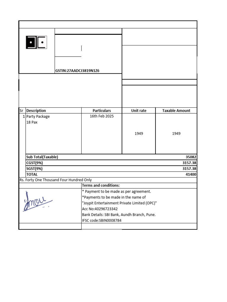 Party Package Invoice - Joypit Entertainment | PDF