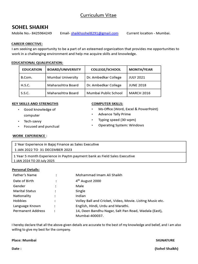 Sohel Shaikh's Professional CV | PDF