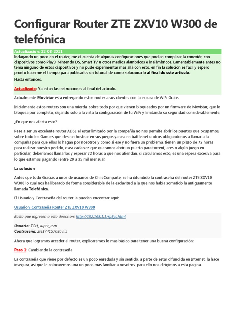 Configurar Router ZTE ZXV10 W300 de Telefónica | PDF | Dirección IP ...