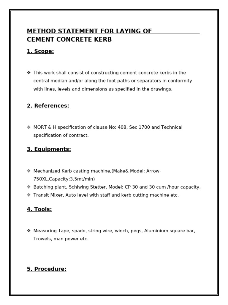 Cement Concrete Kerb Laying Method Statement | PDF | Concrete